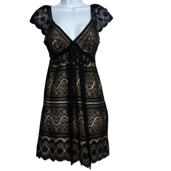 Milly | Dresses | Milly Mini Dress Black Lace Overlay Nude Lining Cap ...